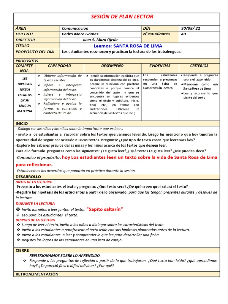 Sesion Plan Lector V Ciclo | Descargar gratis PDF | Comprensión lectora | Aprendizaje