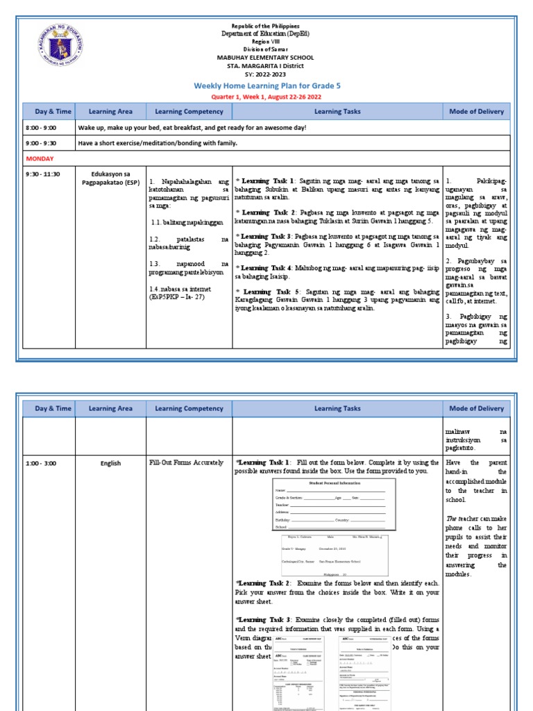Grade 5 - All Subjects - WHLP - Q1 - W1 | PDF
