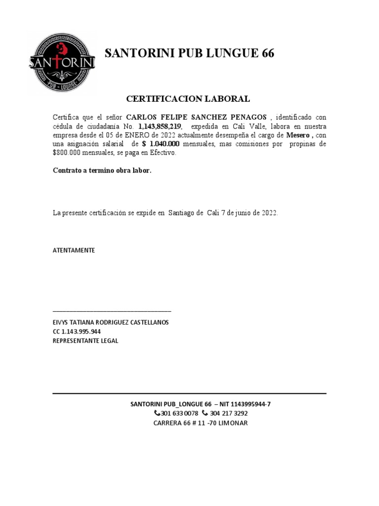 Certificación Laboral de Carlos Sánchez | PDF