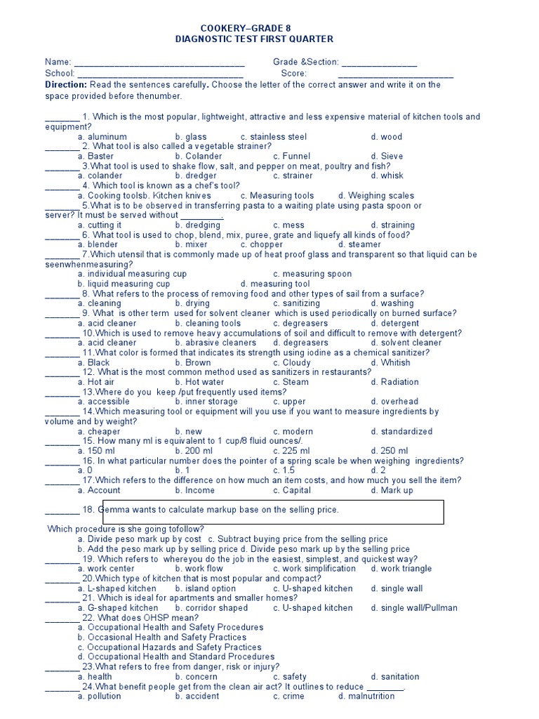 1st Quarter Examination Cookery 7&8 | PDF | Kitchen Utensil ...