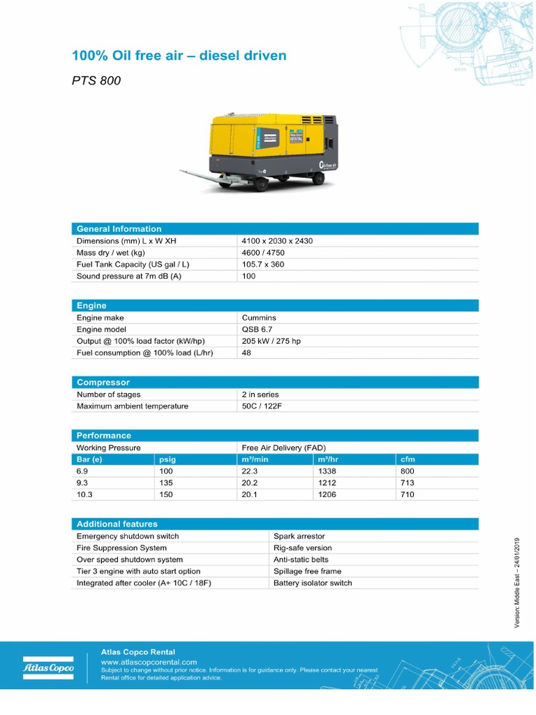 Atlas Copco Air Compressor PTS-800 | PDF