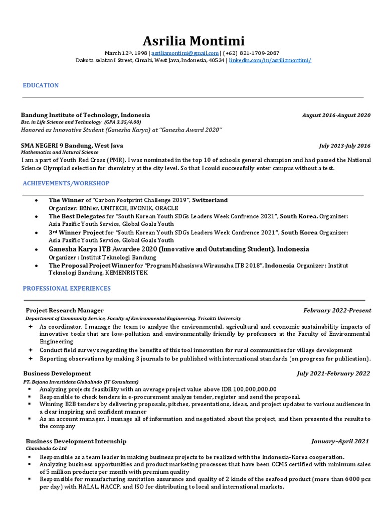 CV - Asrilia - Montimi - Idn - Business Development | PDF | Sustainable Business | Economies