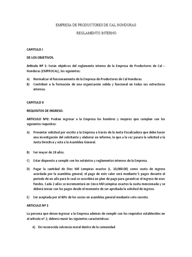 Reglamento Interno Emprocal | Descargar gratis PDF | Business | Honduras