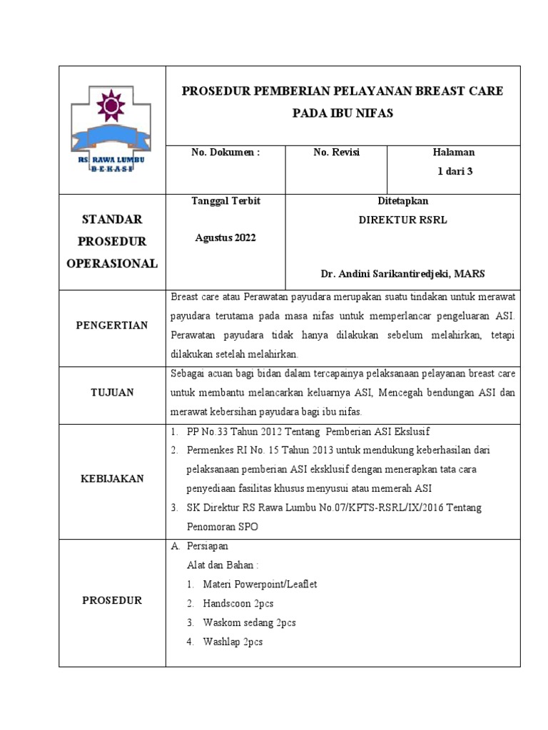 Sop Pemberian Pelayanan Breast Care | PDF