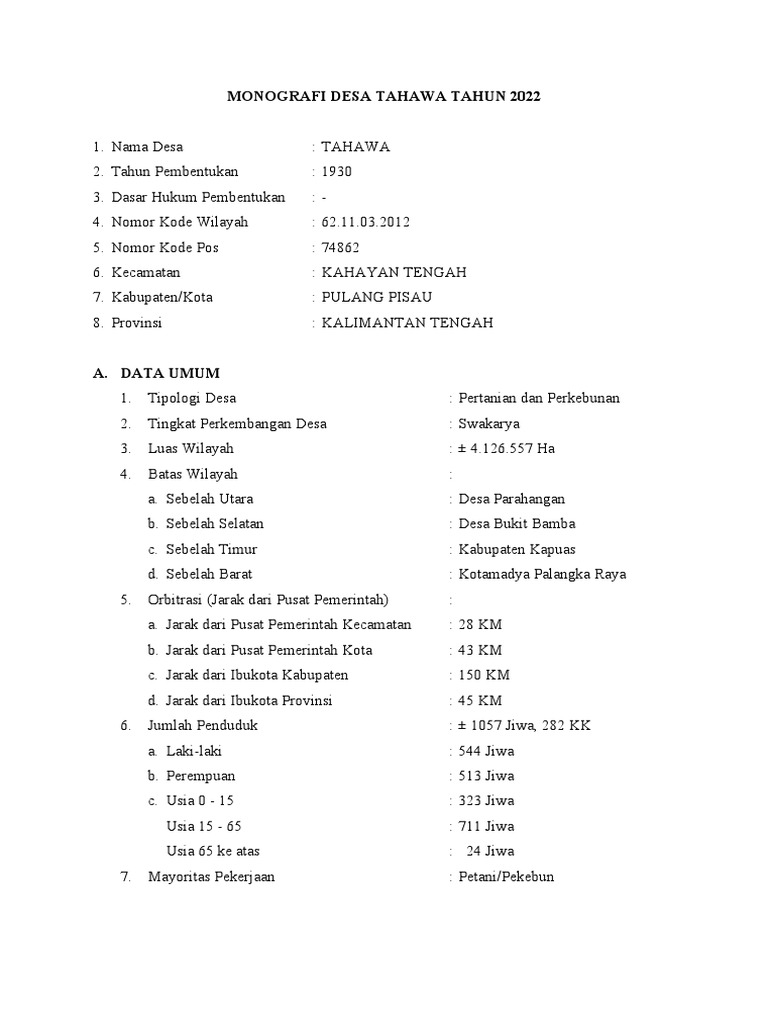 Monografi Desa Tahawa 2022 | PDF