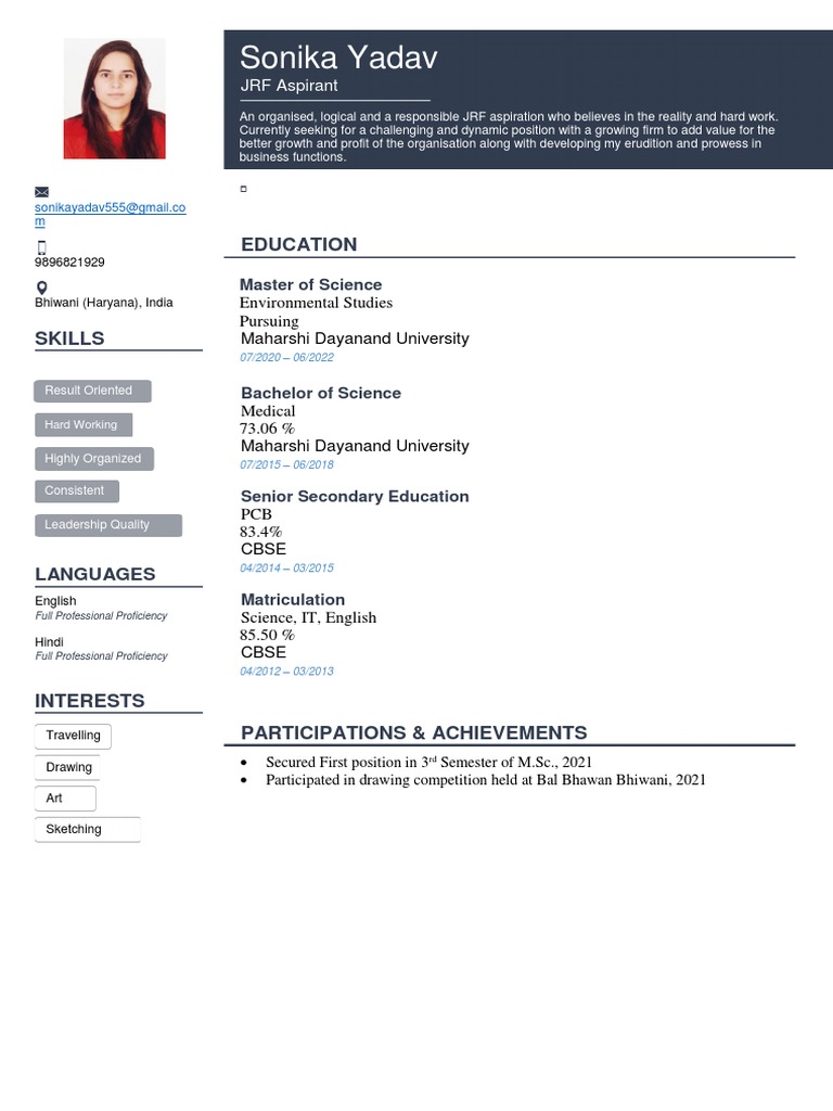 JRF Aspirant Resume of Sonika Yadav | PDF