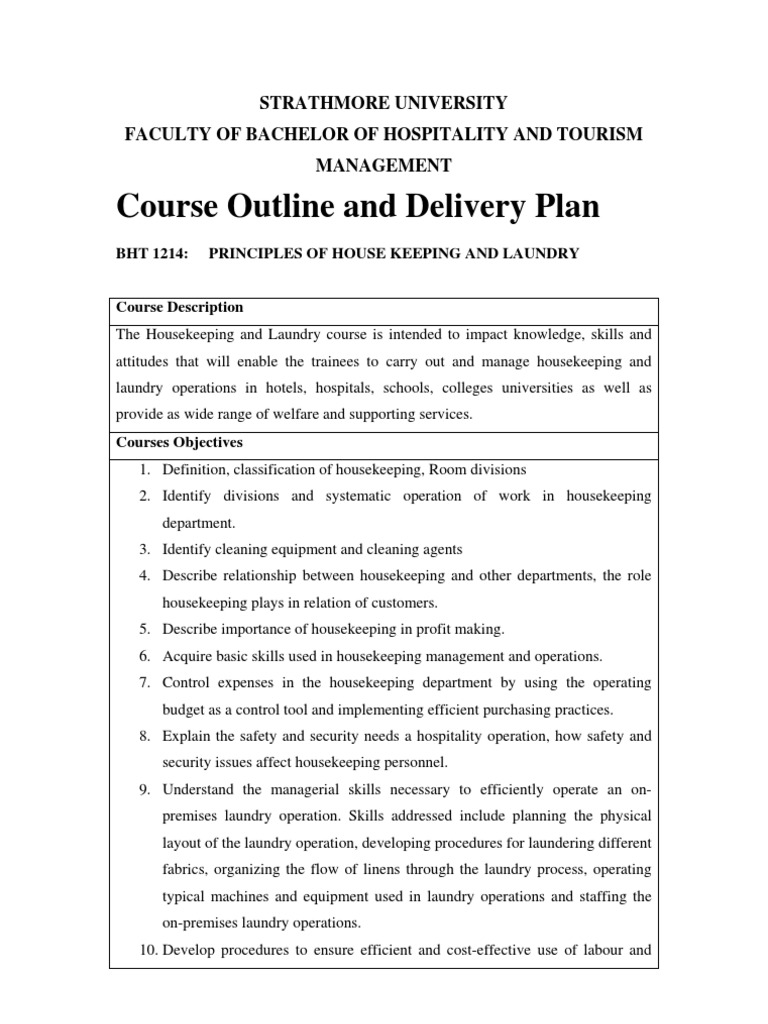 Housekeeping and Laundry Course Outline | PDF | Housekeeping | Laundry