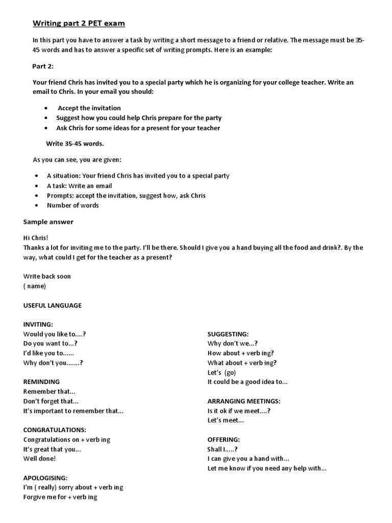 PET Exam Part 2 Writing Guide | PDF