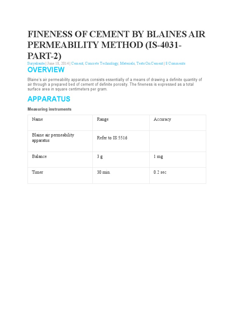 Blaine Air Permeability Test for Cement | PDF | Concrete | Cement