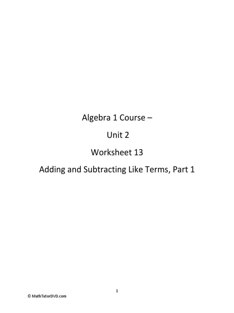 Algebra 1 Course - Unit 2 - Lesson 13 - Adding and Subtracting Like ...