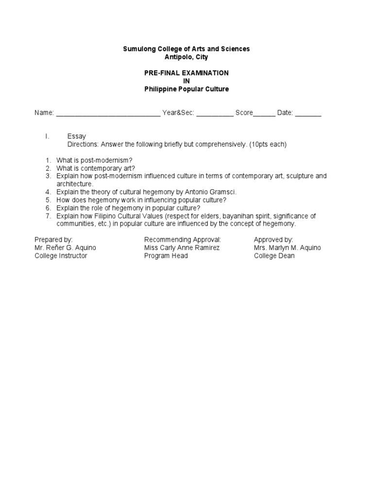 Philippine Popular Culture Exam Guide | PDF | Social Science