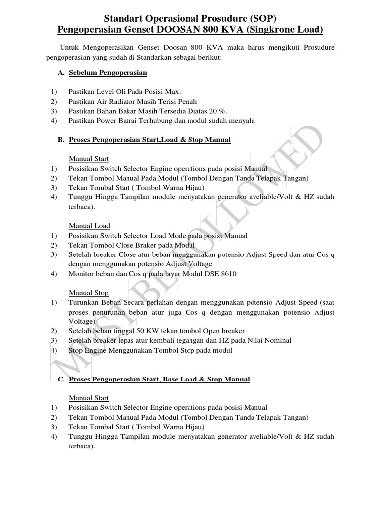 SOP Pengoperasian Genset Doosan | PDF