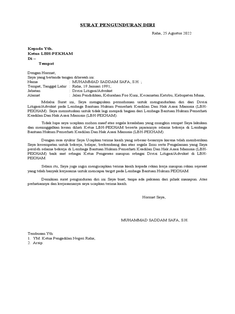 Surat Pengunduran Diri Advokat LBH-PEKHAM | PDF | Hukum