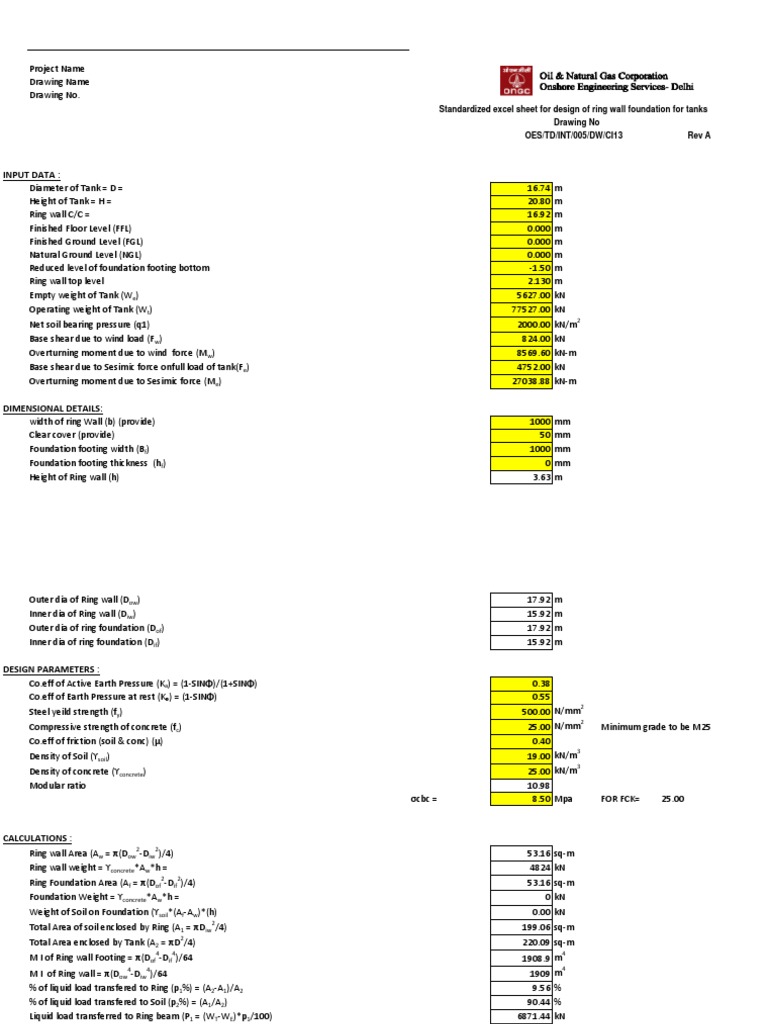 Standardized Excel Sheet For Design of Ring Wall Foundation of Tanks ...