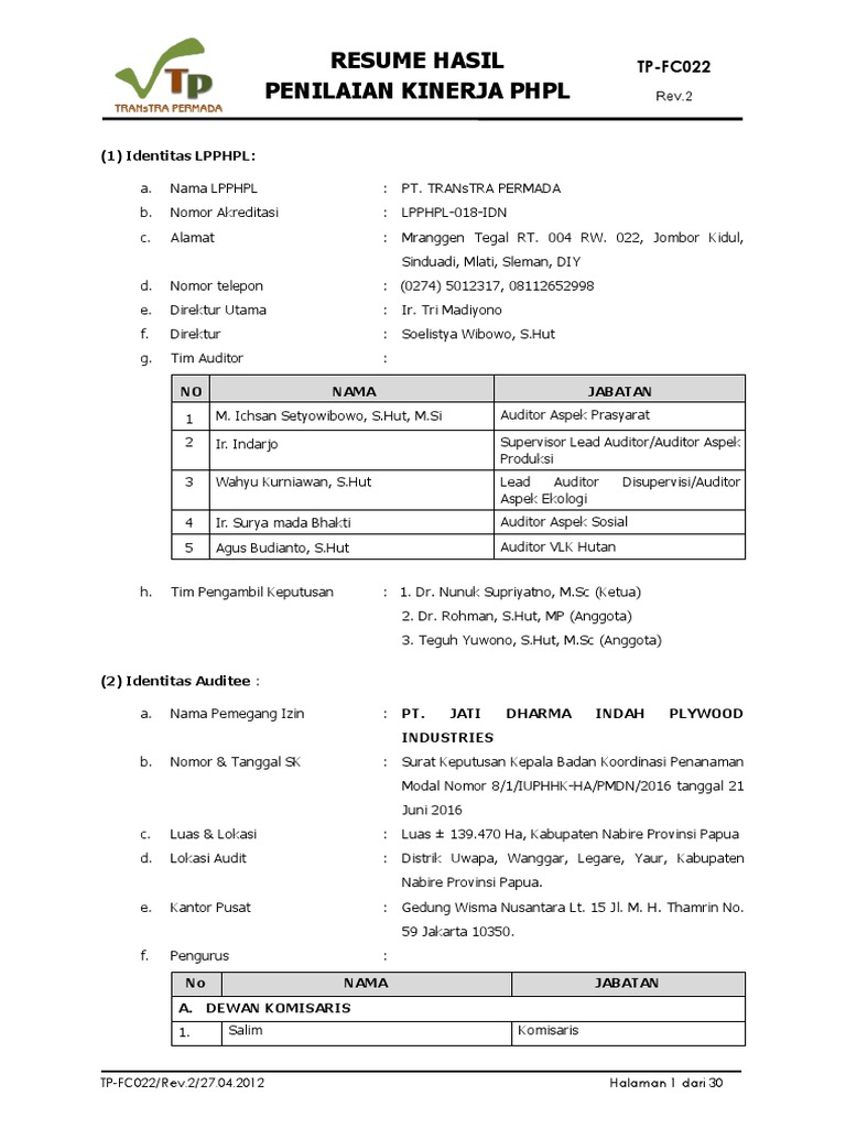 Resume Hasil Re-Sertifikasi PHPL PT Jati Dharma Indah Plywood Industries 2019 | PDF