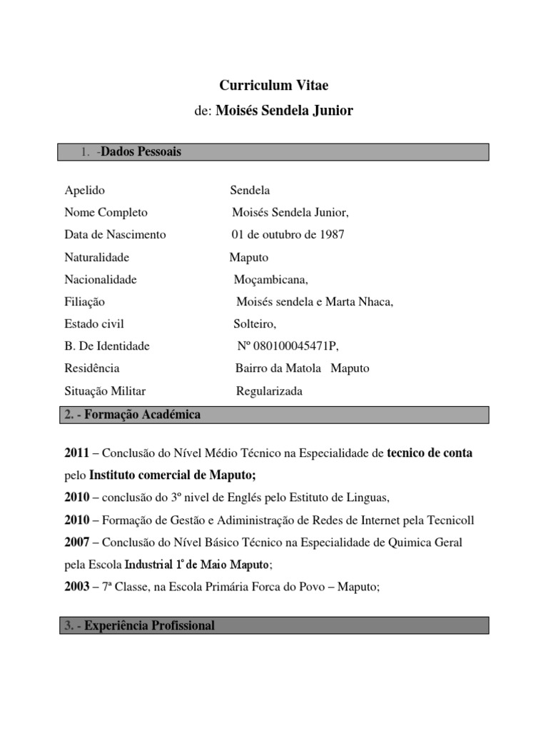 Curriculum Vitae Moisés Sendela Jr | PDF