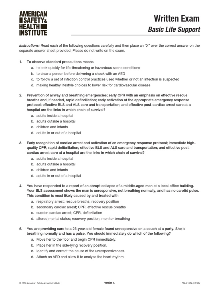 PRN2155A ASHI G2015 BLS Exam VersionA Revised 100516 | PDF ...