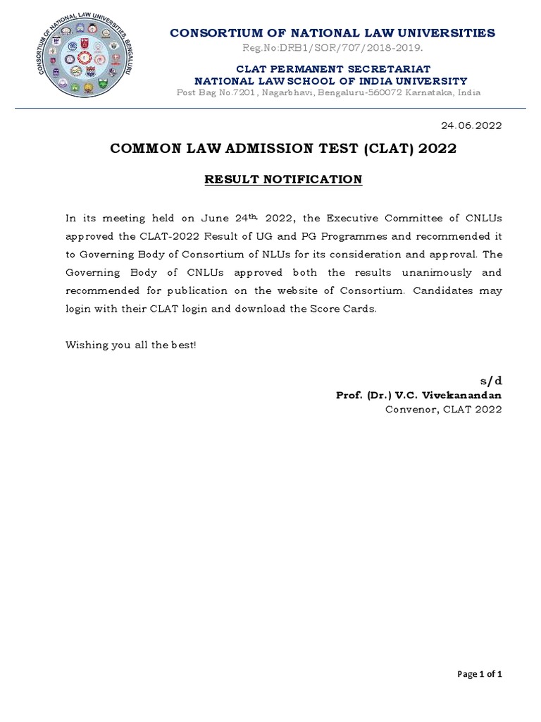 CLAT 2022 Result Notification | PDF