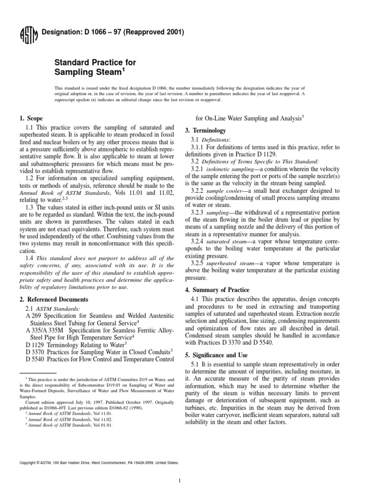 ASTM D1066 1997 Standard Practice For Sampling Steam | PDF | Steam ...