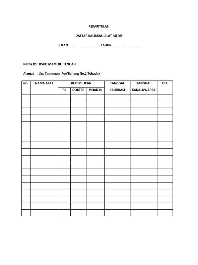 Form Rekapitulasi Kalibrasi Alat Medis | PDF