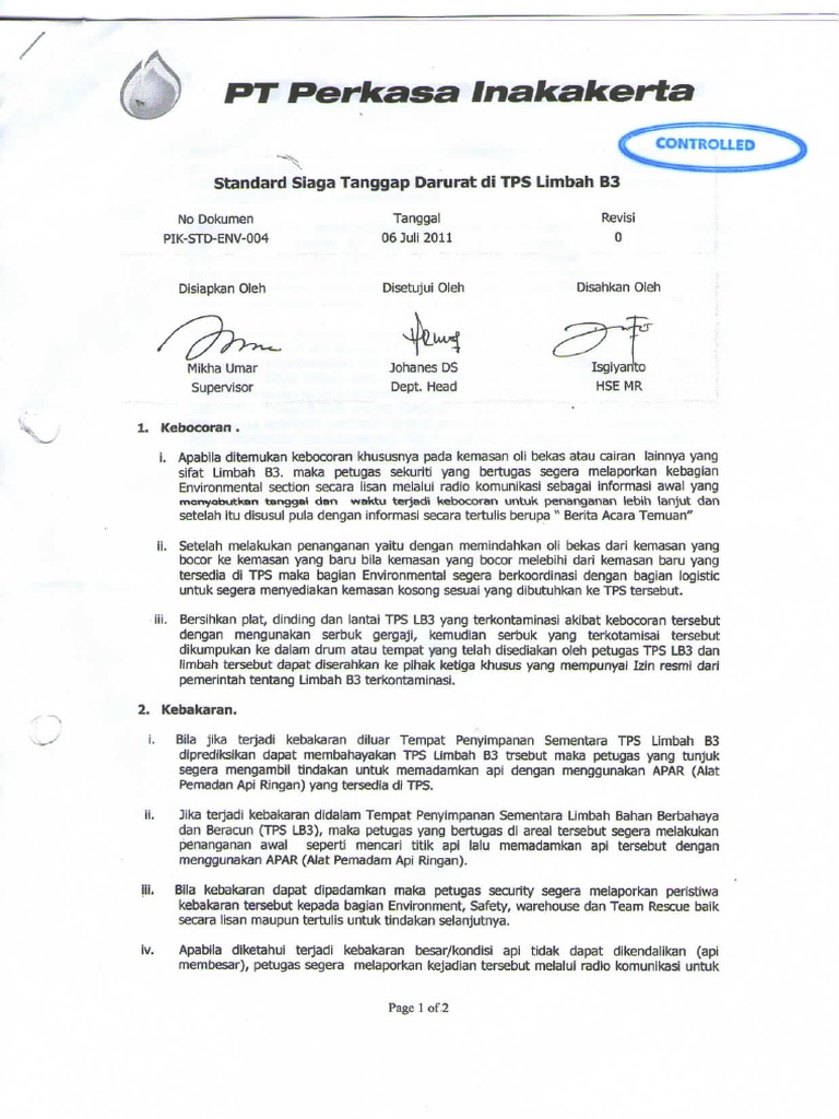 Standar Siaga Tanggap Darurat TPS B3 (Controlled) | PDF