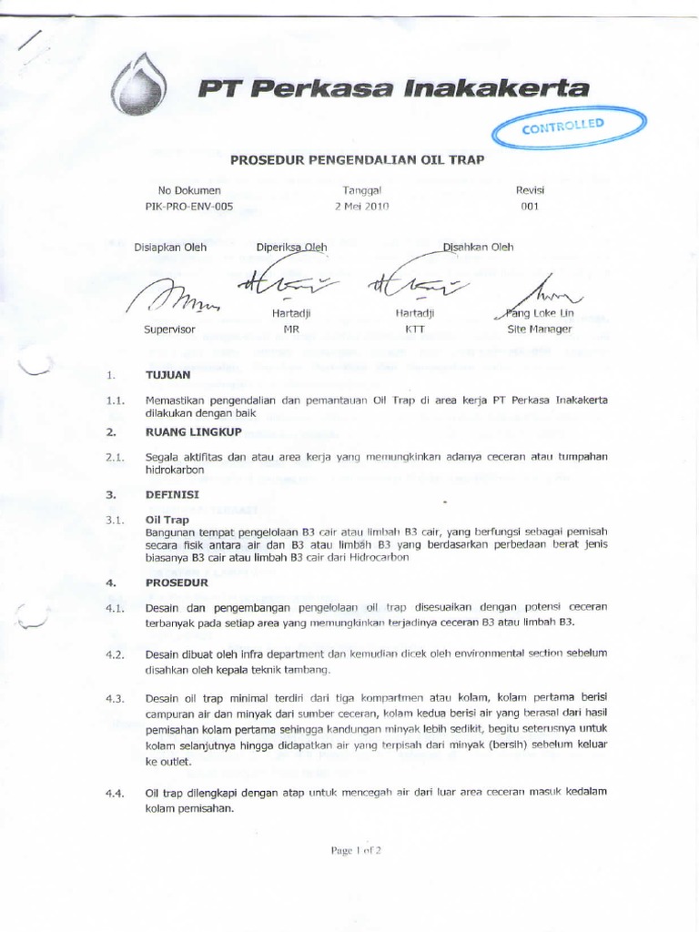 Prosedur Pengendalian Oil Trap | PDF
