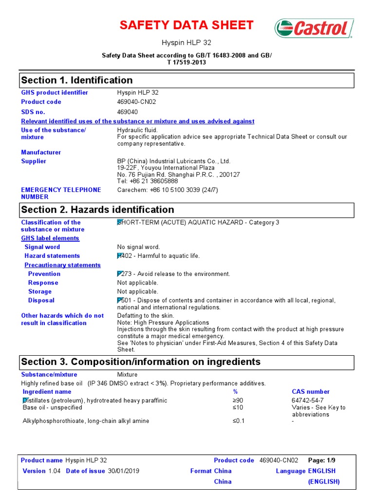 MSDS Castrol Hyspin HLP 32 | PDF | Personal Protective Equipment | Waste