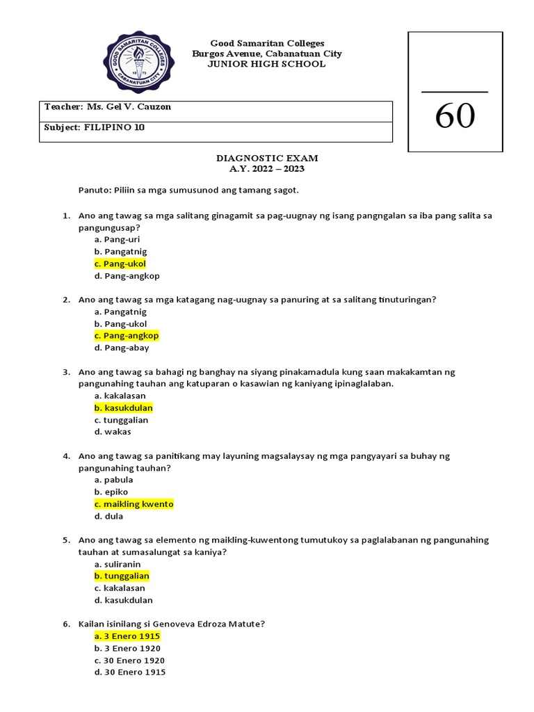 Diagnostic - Grade 9 - Gel Cauzon | PDF