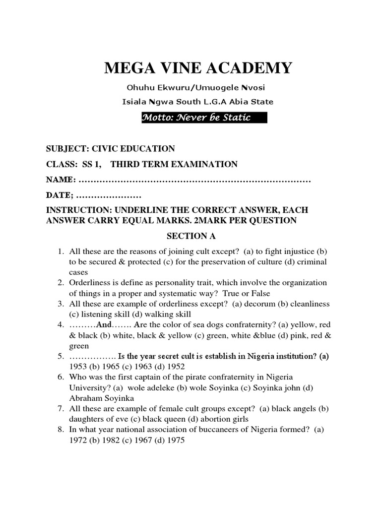 SS1 Civic Education Exam | PDF | Applied Ethics | Violence