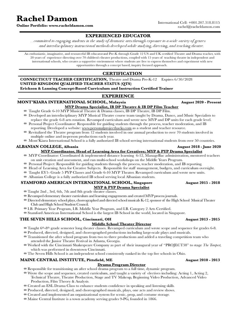 Damon, Rachel Teaching Resume | PDF