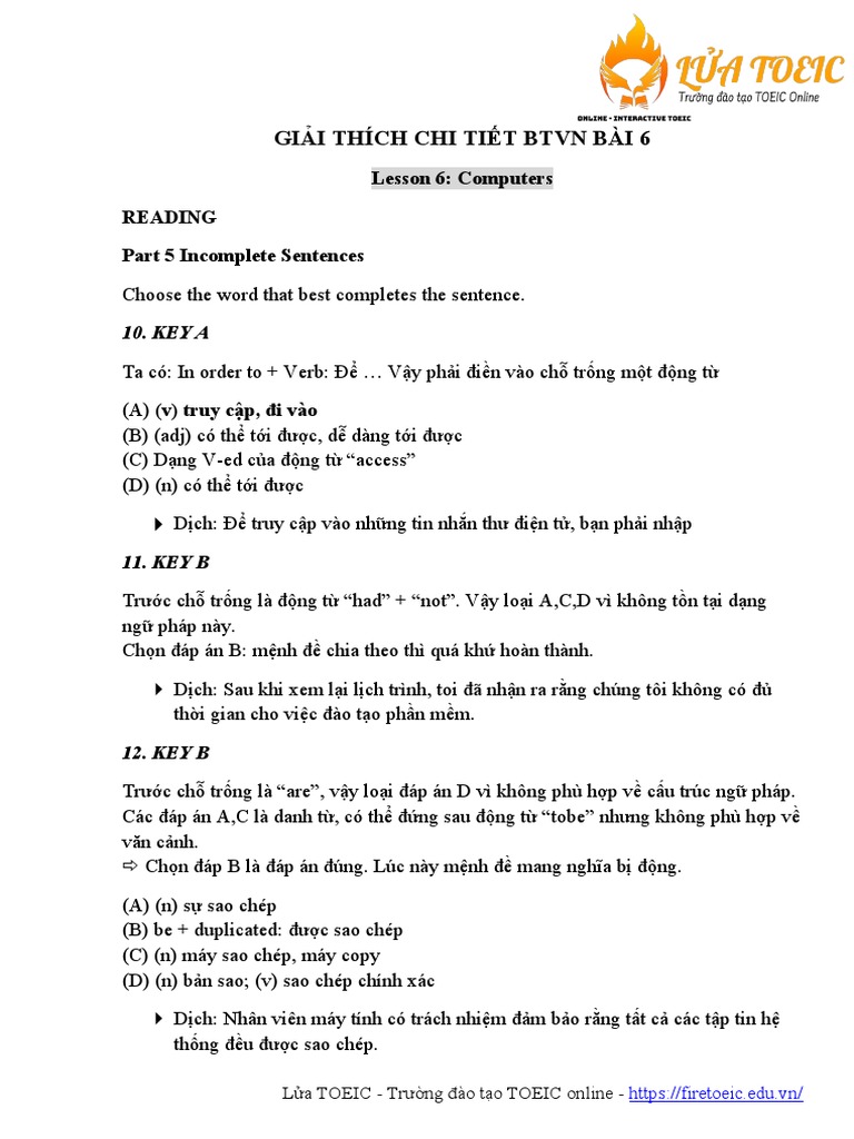 Giải Thích Chi Tiết Btvn Bài 6: Lesson 6: Computers Reading Part 5 Incomplete Sentences | PDF