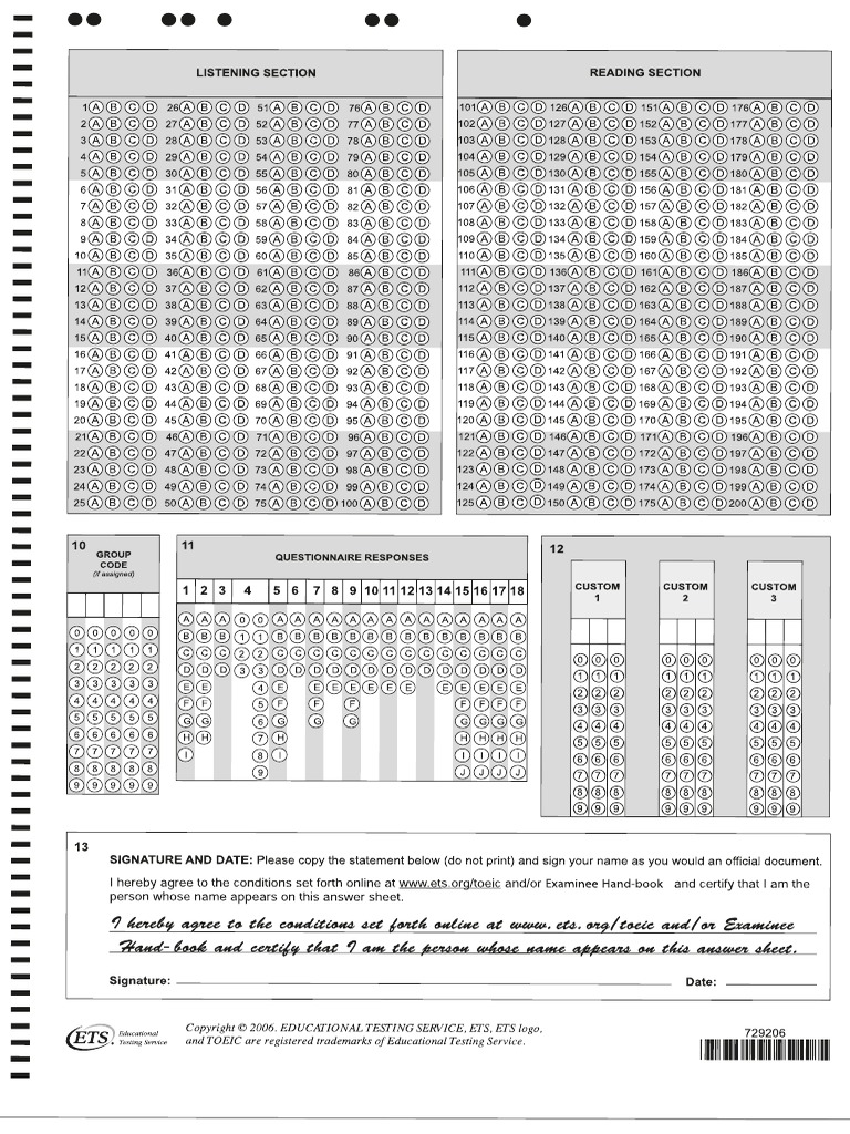 Answer Sheet Toeic | PDF