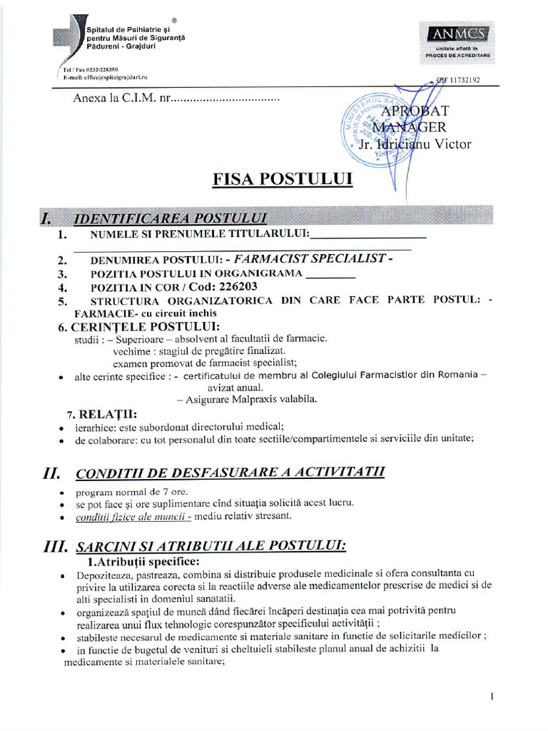 Fisa Post Farmacist Specialist | PDF