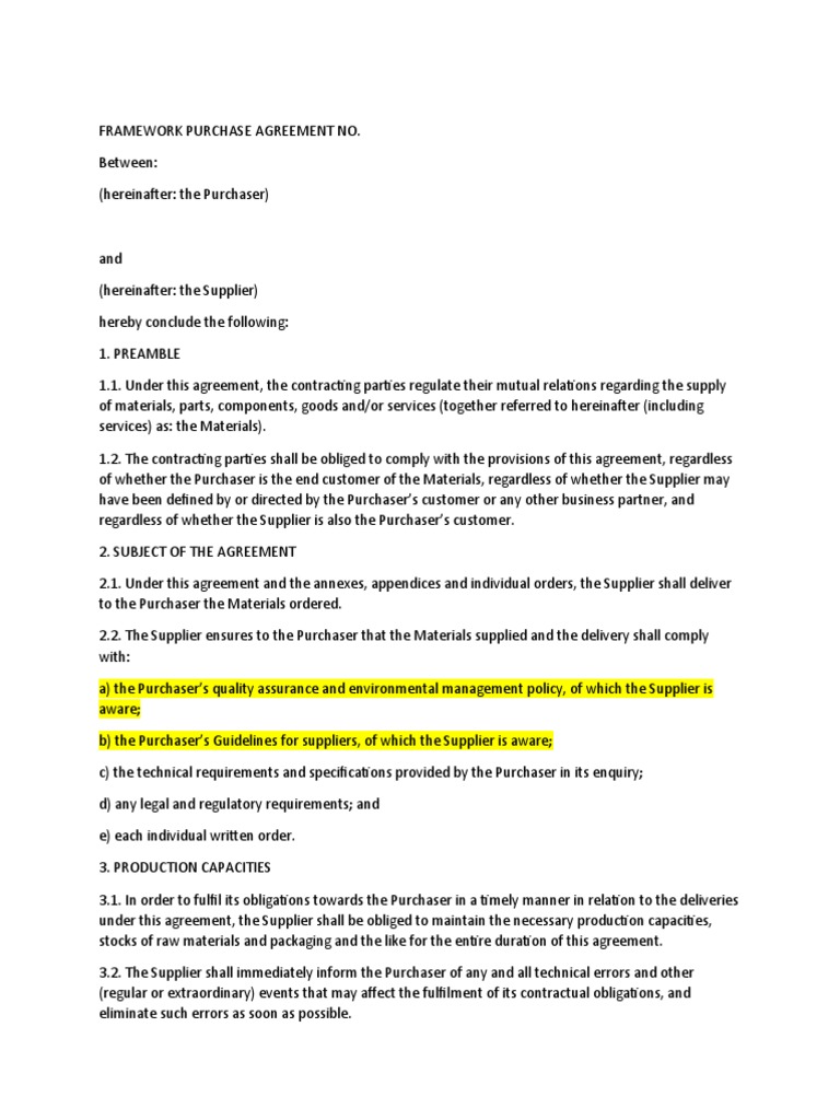 Framework Purchase Agreement | PDF