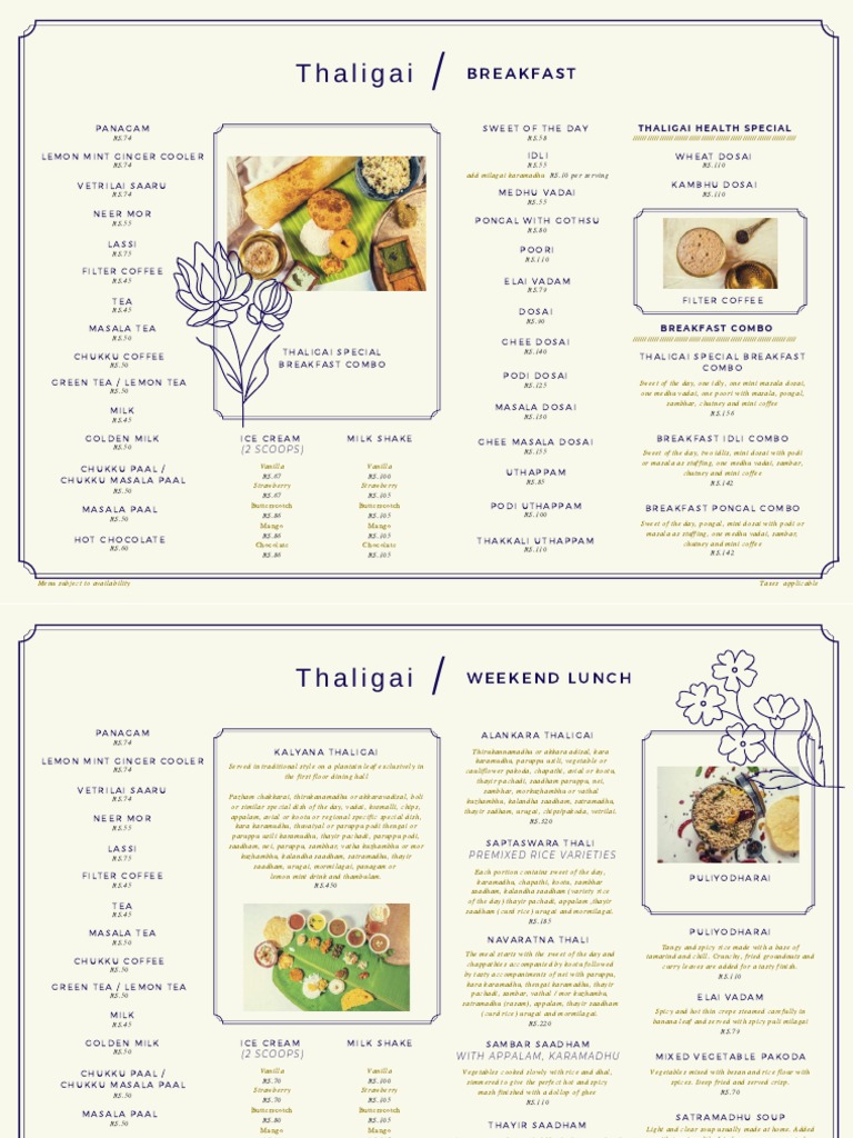 Thaligai Restaurant Menu Overview | PDF | Food Ingredients | Foods
