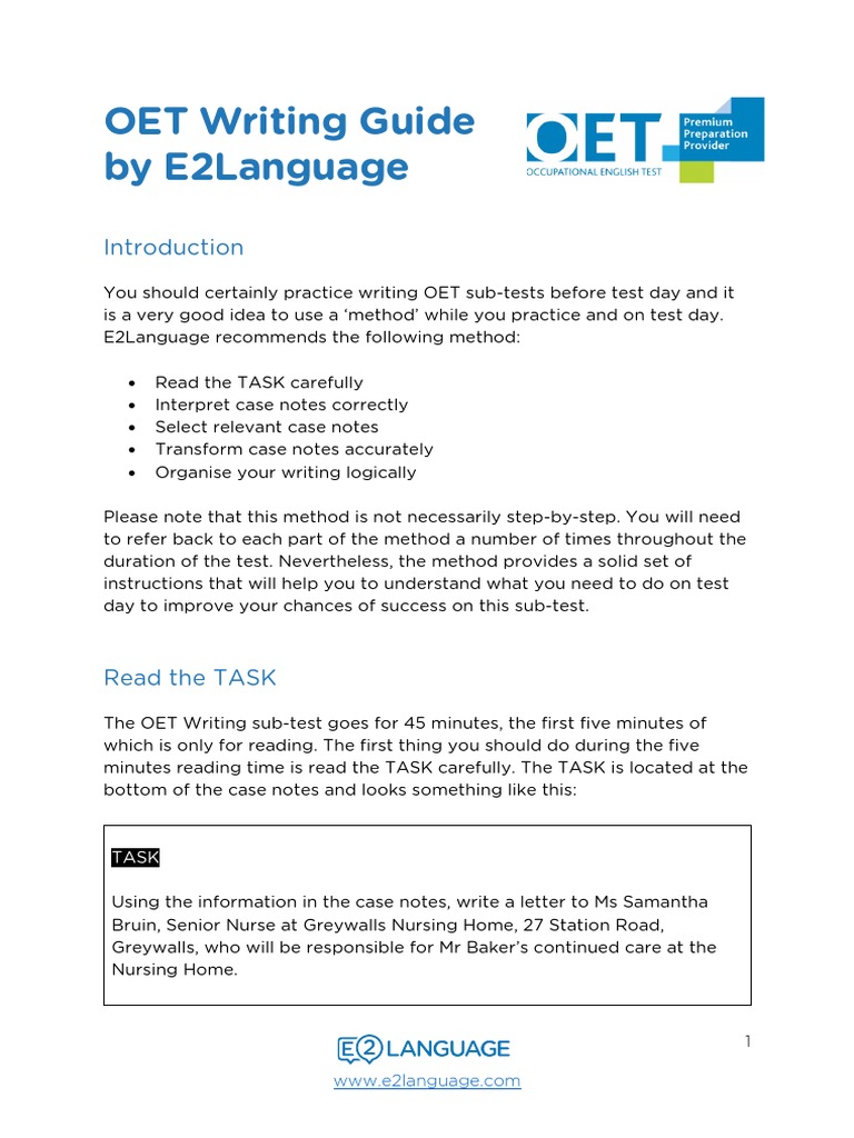 Oet Writing Guide by E2 Language Oet Writing Work Book | PDF | Nursing ...