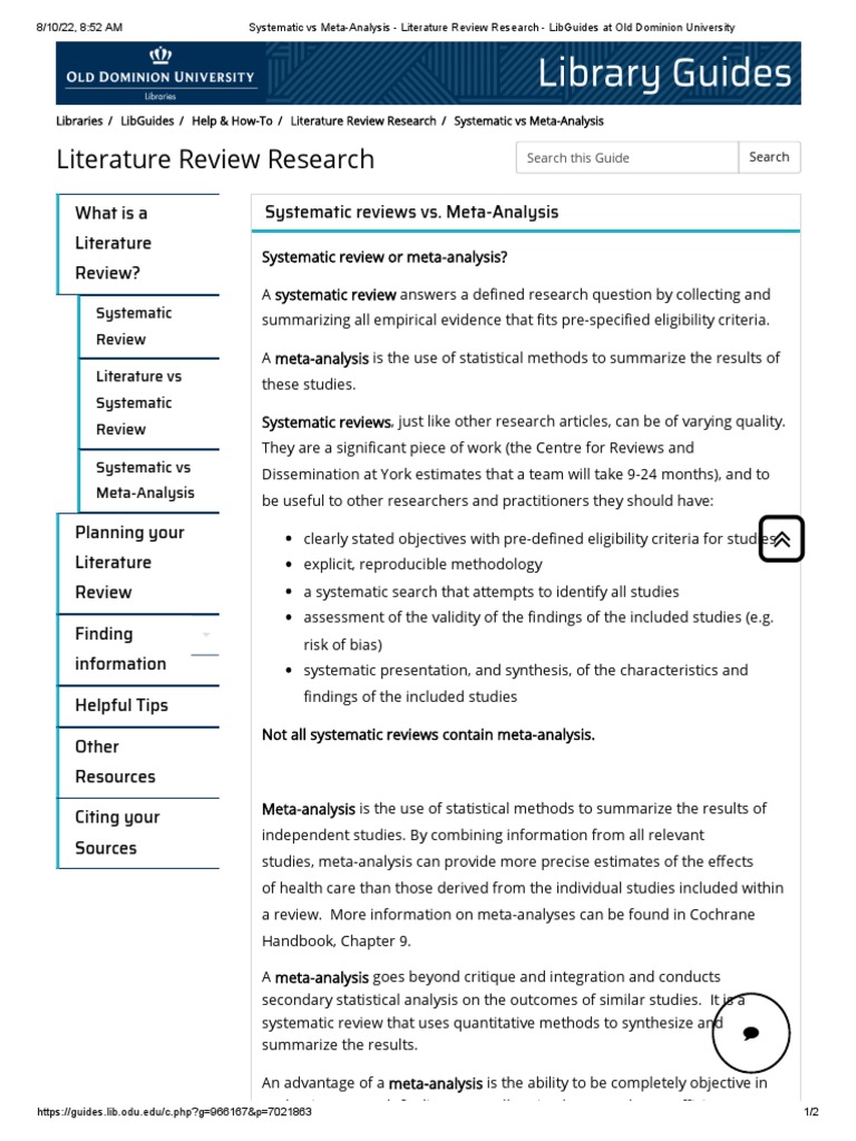 Systematic Vs Meta-Analysis - Literature Review Research - LibGuides at Old Dominion University ...