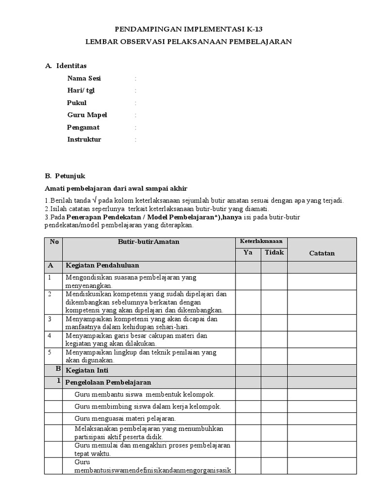 Lembar Pengamatan Praktik Pembelajaran Dan Penilaian - On 1 | PDF