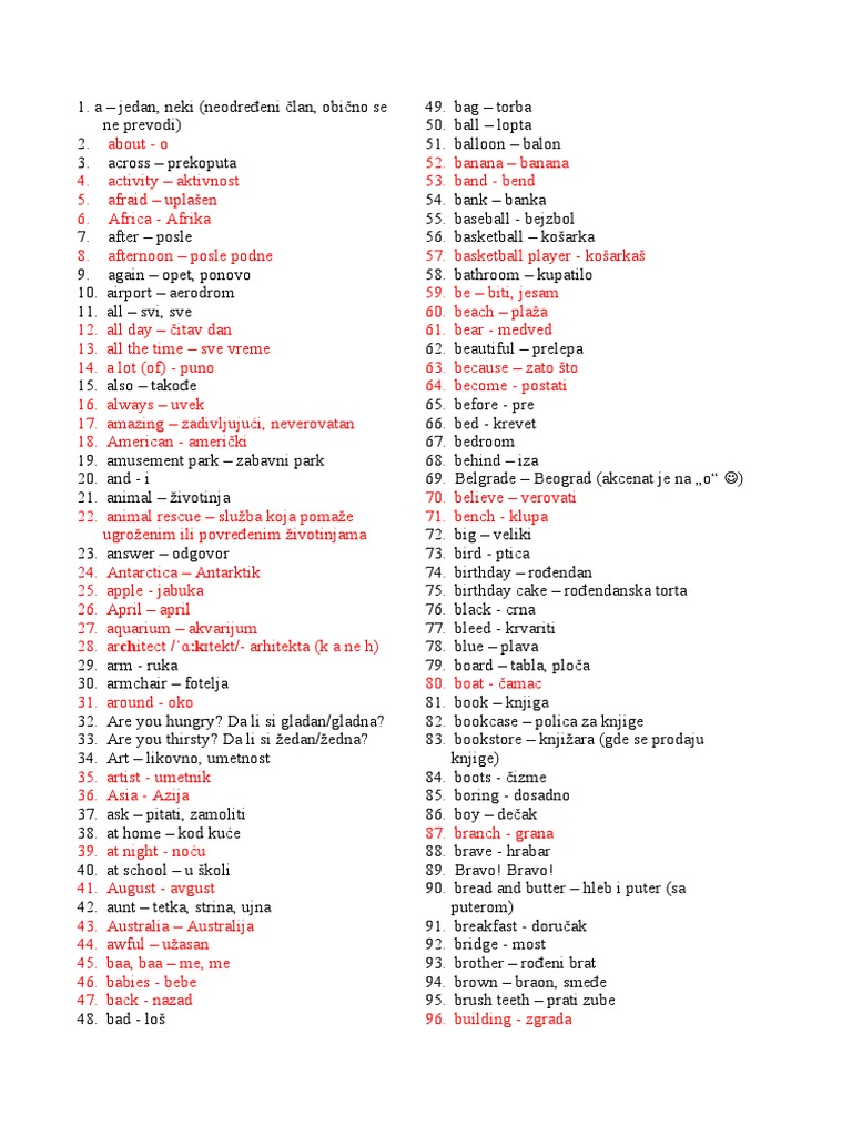 Lista Engleskih Reči I Fraza Za 5. Razred | PDF