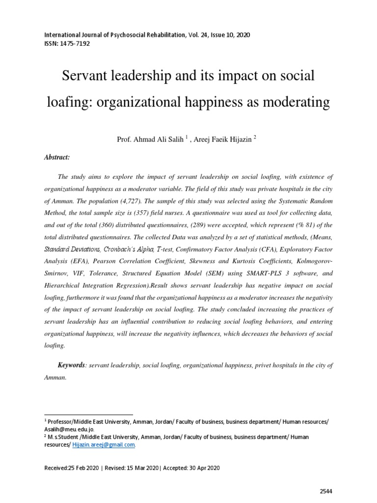 Servant Leadership and Its Impact On Social Loafing: Organizational Happiness As Moderating ...