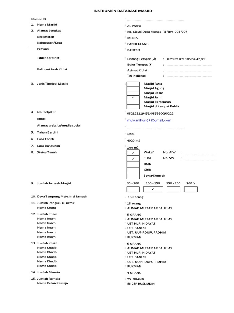 FORM INTRUMEN VERIFIKASI MASJID DAN MUSHOLA Untk Kec | PDF