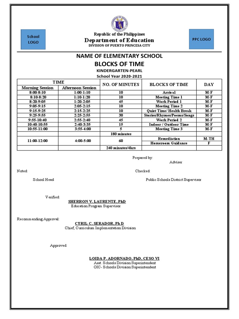 Kindergarten Blocks of Time Schedule | PDF | Schools | Educational ...