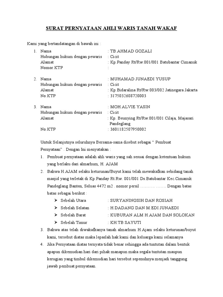 Surat Pernyataan Ahli Waris Tanah Wakaf | PDF