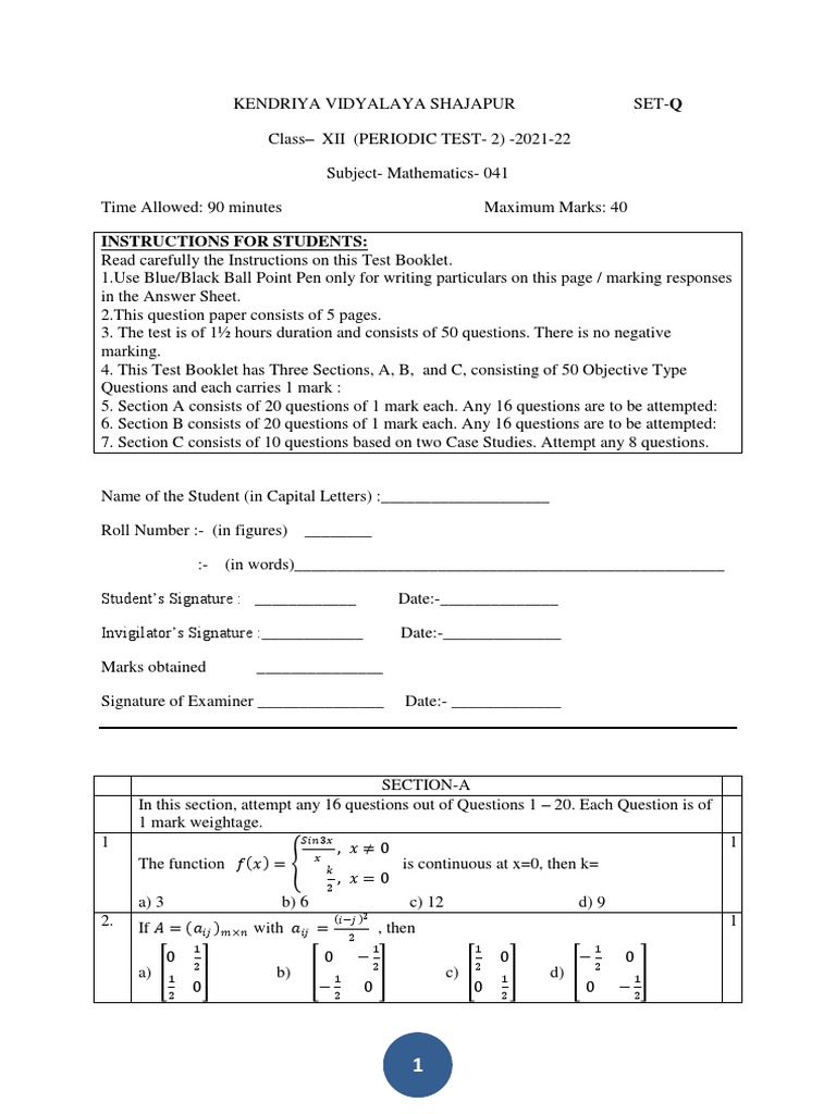 PT-2 QP 2021-22 Set-Q | Download Free PDF | Maxima And Minima | Mathematical Concepts
