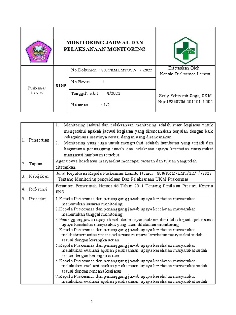 Sop Monitoring Jadwal Dan Pelaksanaan Monitoring | PDF
