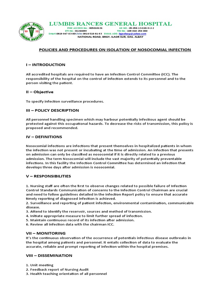 Policies and Procedures On Isolation of Nosocomial Infection | Download ...