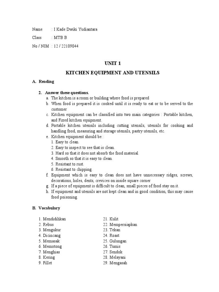 Unit 1, Kitchen Equipment and Utensils | PDF | Kitchen Utensil | Home