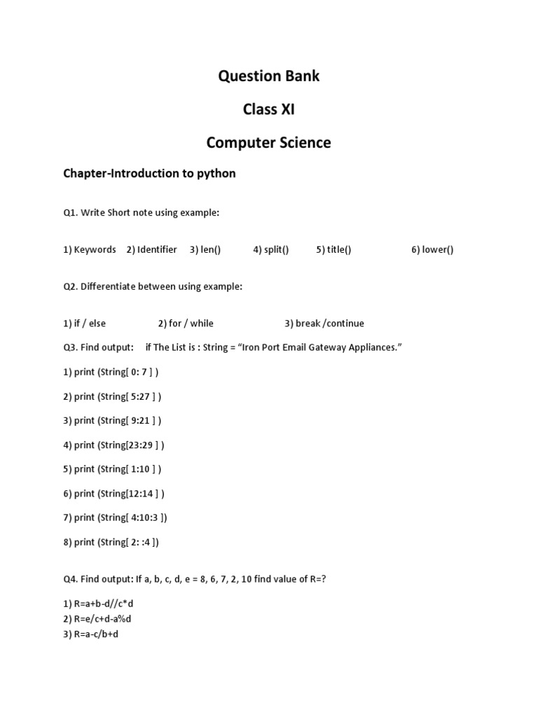Question Bank Class Xi Computer Science | PDF | Computer Science ... Question Bank Class Xi Computer Science | PDF | Computer Science ...