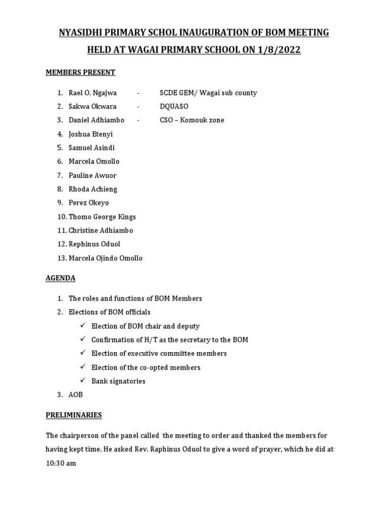Nyasidhi Primary Schol Inauguration of Bom Meeting Held at Wagai Primary School On 1 | PDF ...