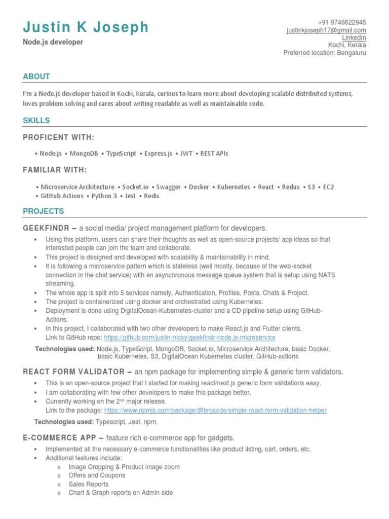 Justin Nodejs Developer Resume | PDF | Computing | Software Engineering